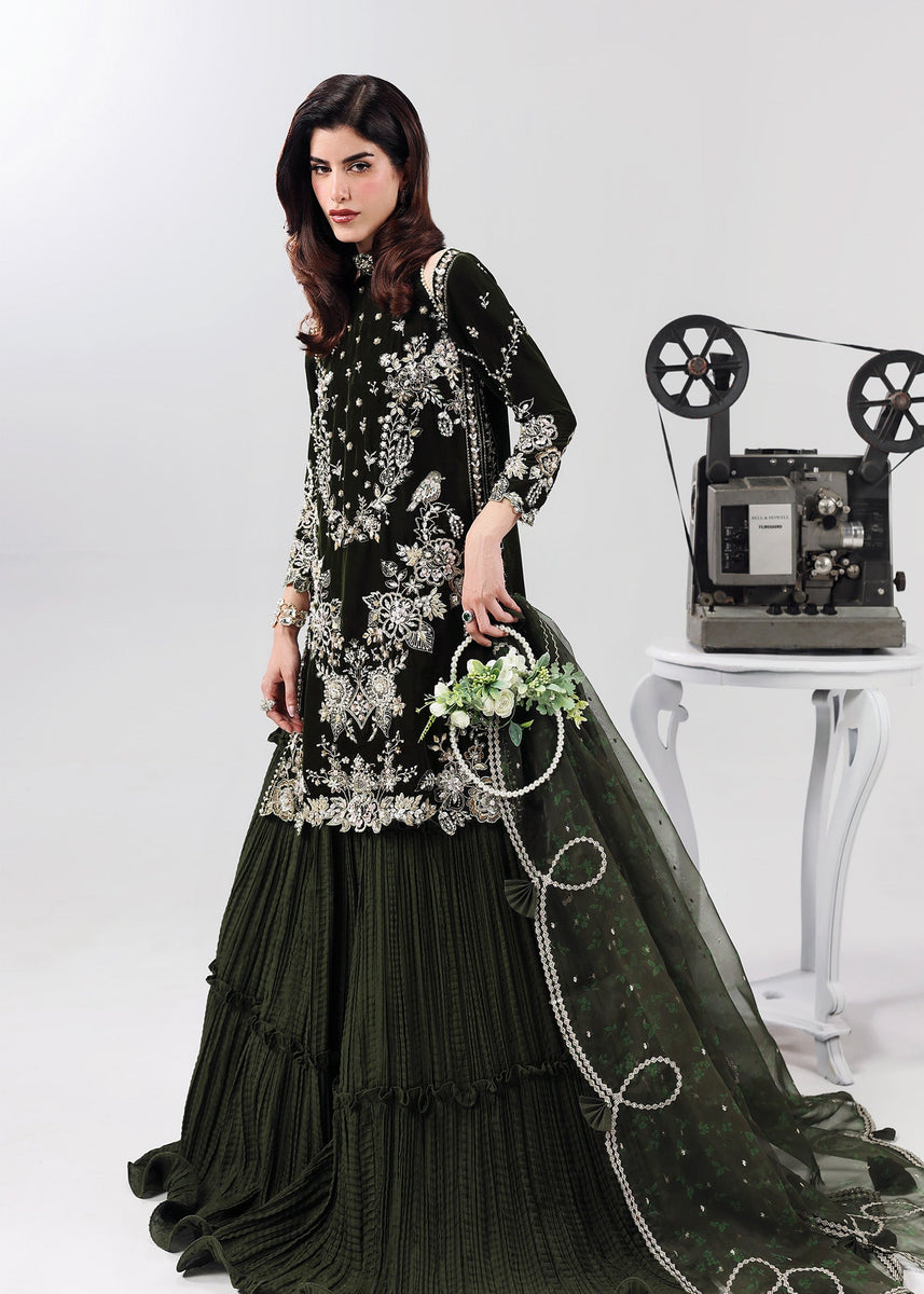 Dark Olive Velvet Pakistani Suit with Handwork | Luxury Formal Wedding ...
