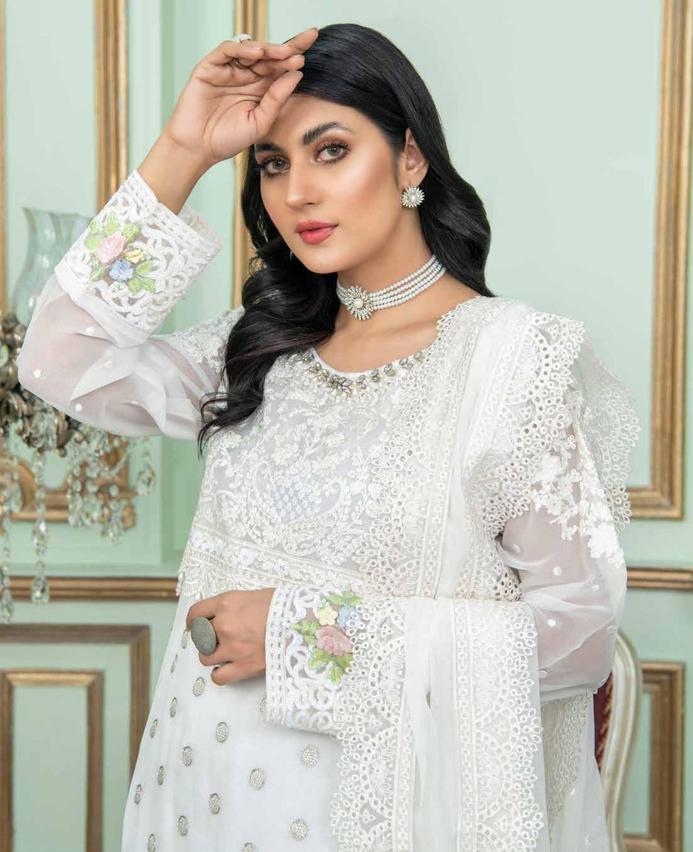 Noor's Banafsh D-3 White Chiffon Pakistani Suit | Embroidered & Stone ...
